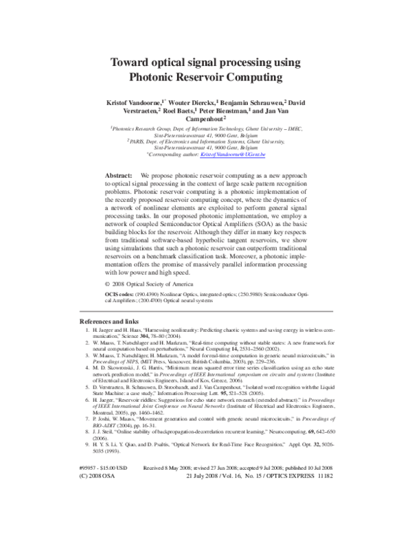(PDF) Toward optical signal processing using Photonic Reservoir Computing