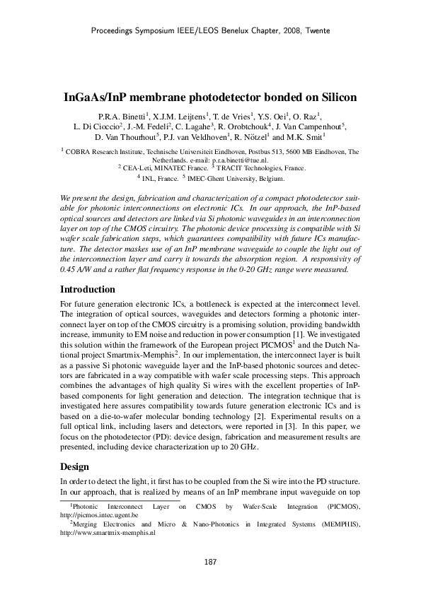(PDF) InGaAs/InP membrane photodetector bonded on Silicon