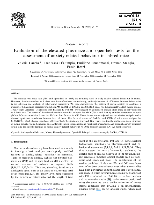 (PDF) Evaluation of the elevated plus-maze and open-field tests for the ...