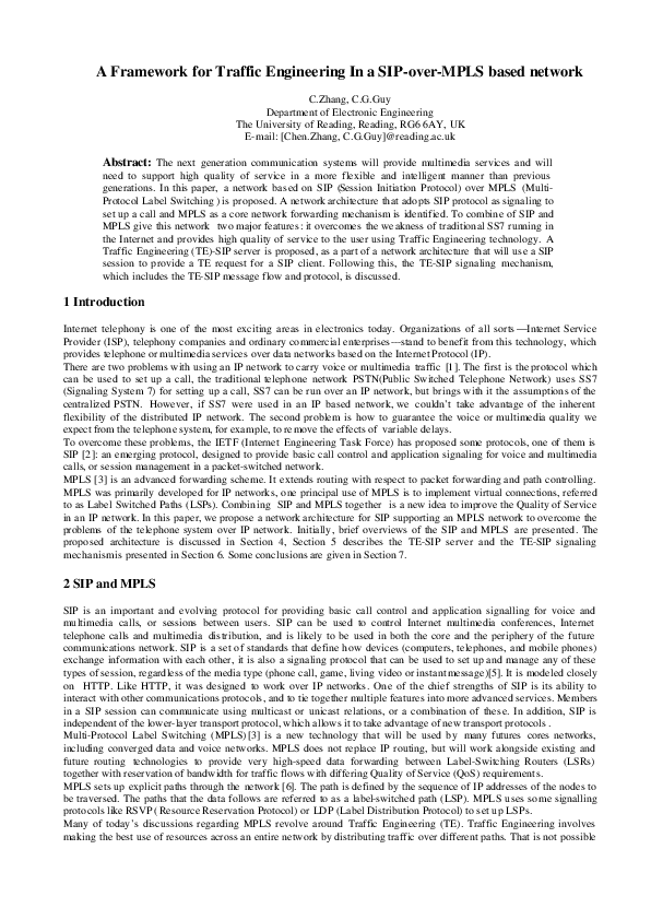 (PDF) A Framework for Traffic Engineering In a SIP-over-MPLS based network
