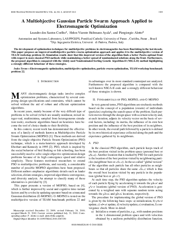 Pdf A Multiobjective Gaussian Particle Swarm Approach Applied To