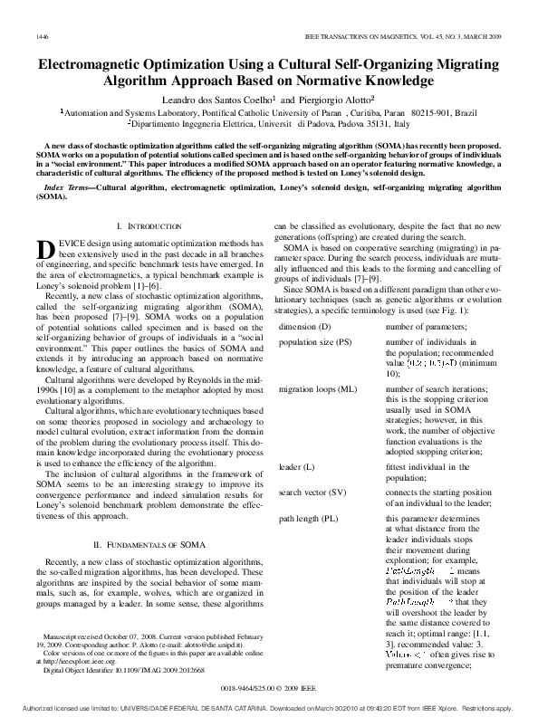 Pdf Electromagnetic Optimization Using A Cultural Self Organizing Migrating Algorithm Approach
