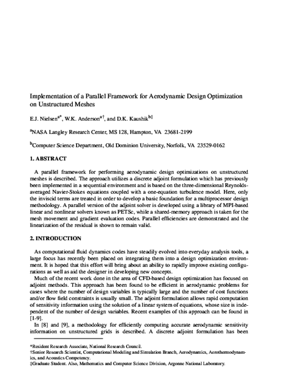 (PDF) Implementation of a parallel framework for aerodynamic design optimization on unstructured ...