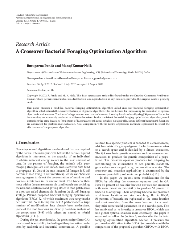 Pdf A Crossover Bacterial Foraging Optimization Algorithm