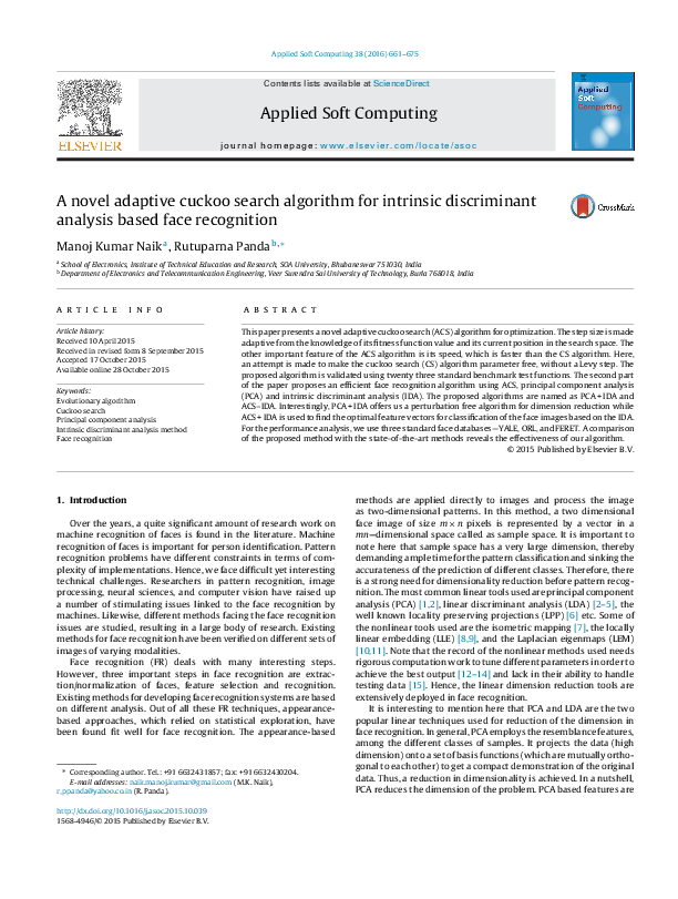 Pdf A Novel Adaptive Cuckoo Search Algorithm For Intrinsic Discriminantanalysis Based Face 
