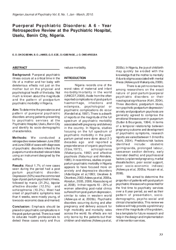 (PDF) Puerperal Psychiatric Disorders: A 6 - Year Retrospective Review ...