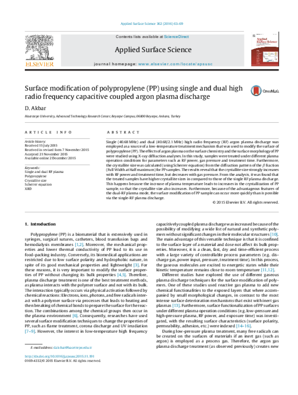 (PDF) Surface Modification of Polypropylene (PP) Using Single and Dual ...
