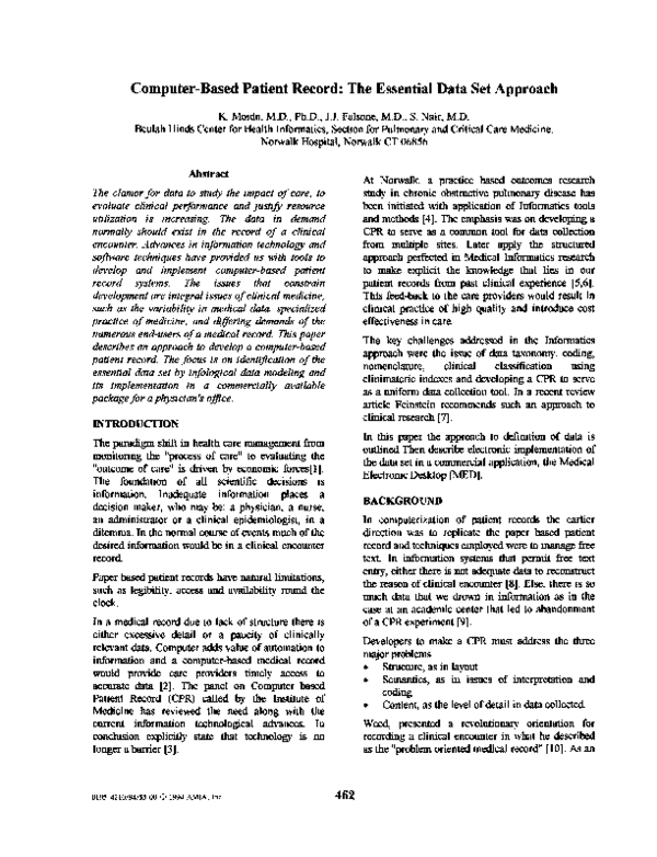 (PDF) Computer-based patient record: the essential data set approach