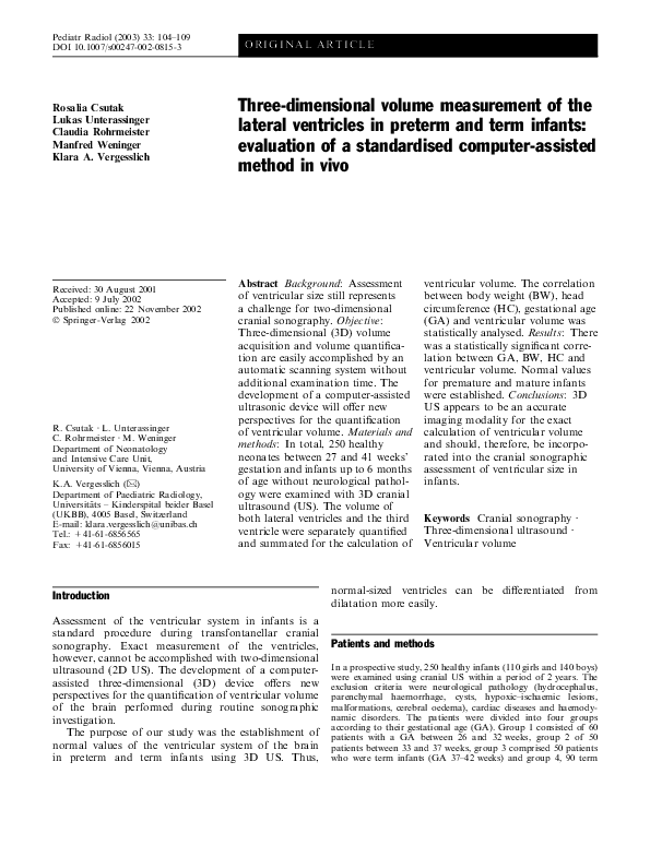 (PDF) Three-dimensional volume measurement of the lateral ventricles in preterm and term infants ...
