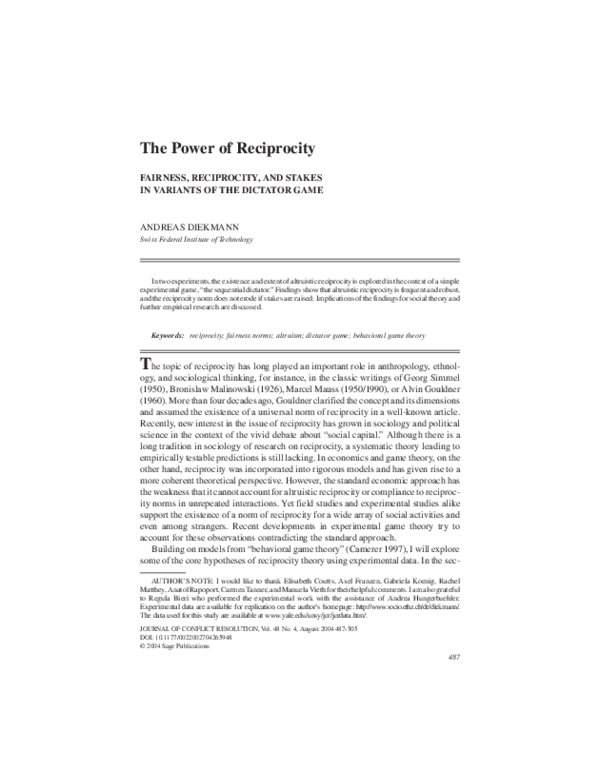 (PDF) The Power of Reciprocity: Fairness, Reciprocity, and Stakes in Variants of the Dictator Game