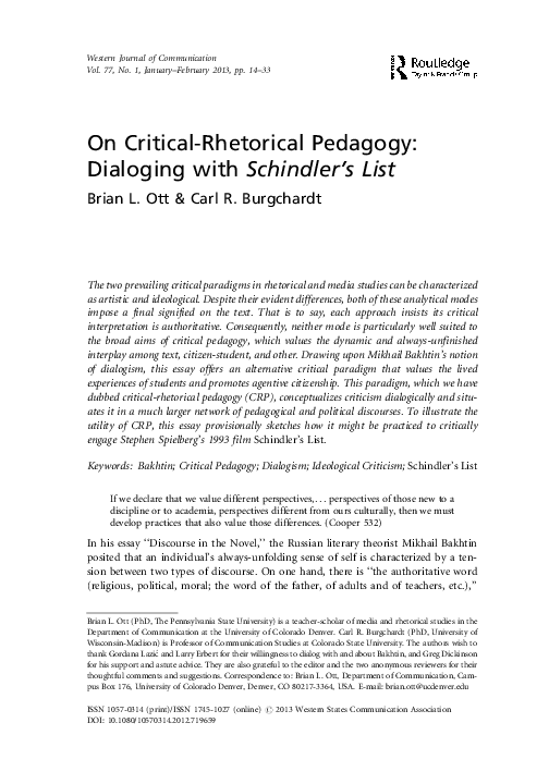 (PDF) On Critical-Rhetorical Pedagogy: Dialoging with Schindler’s List