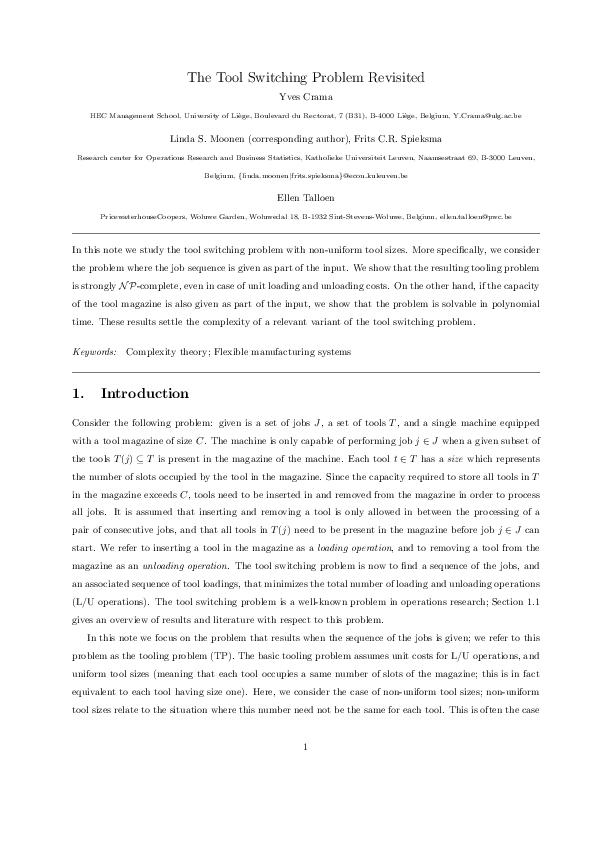 (PDF) The tool switching problem revisited