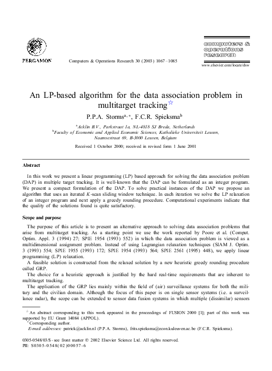 Pdf An Lp Based Algorithm For The Data Association Problem In Multitarget Tracking Frits