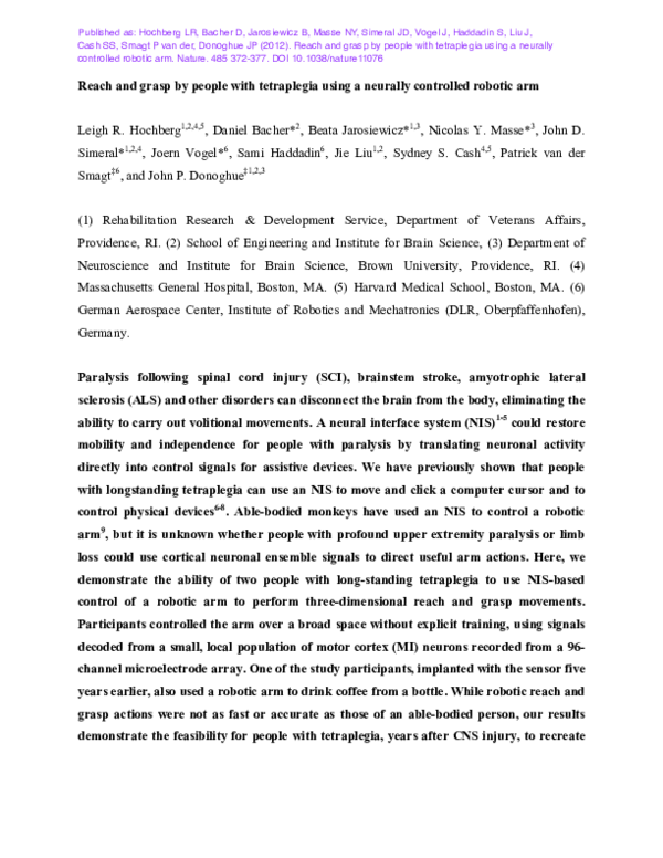 (PDF) Reach and grasp by people with tetraplegia using a neurally ...
