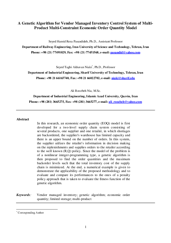 (PDF) A genetic algorithm for vendor managed inventory control system of multi-product multi ...