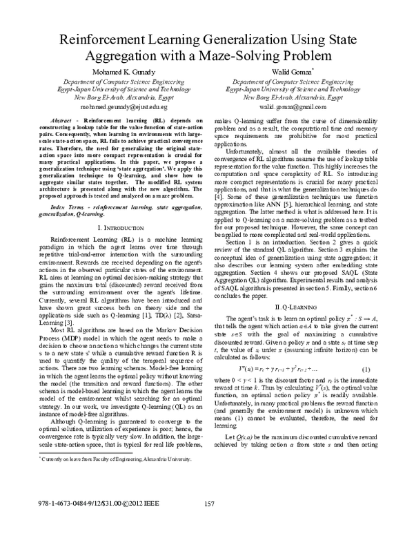 (PDF) Reinforcement learning generalization using state aggregation ...