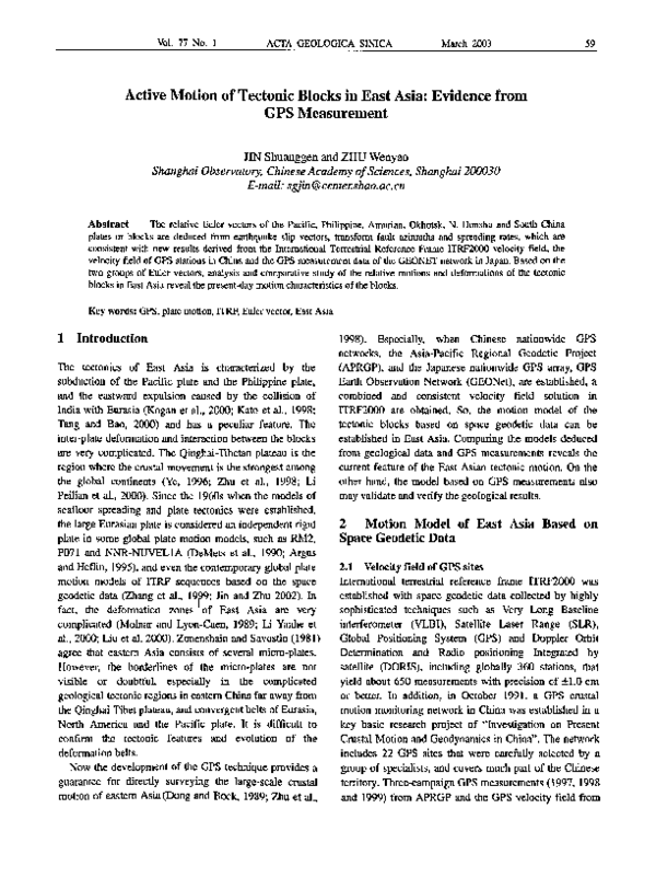 (PDF) Active Motion of Tectonic Blocks in East Asia: Evidence from GPS ...