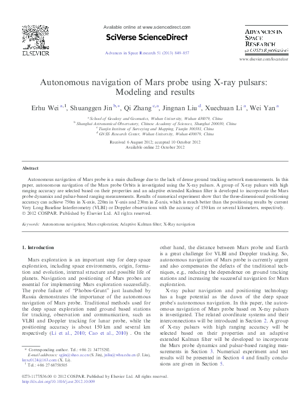 Pdf Autonomous Navigation Of Mars Probe Using X Ray Pulsars Modeling