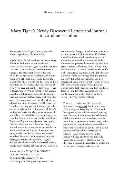 (PDF) Mary Tighe's Newly Discovered Letters and Journals to Caroline ...