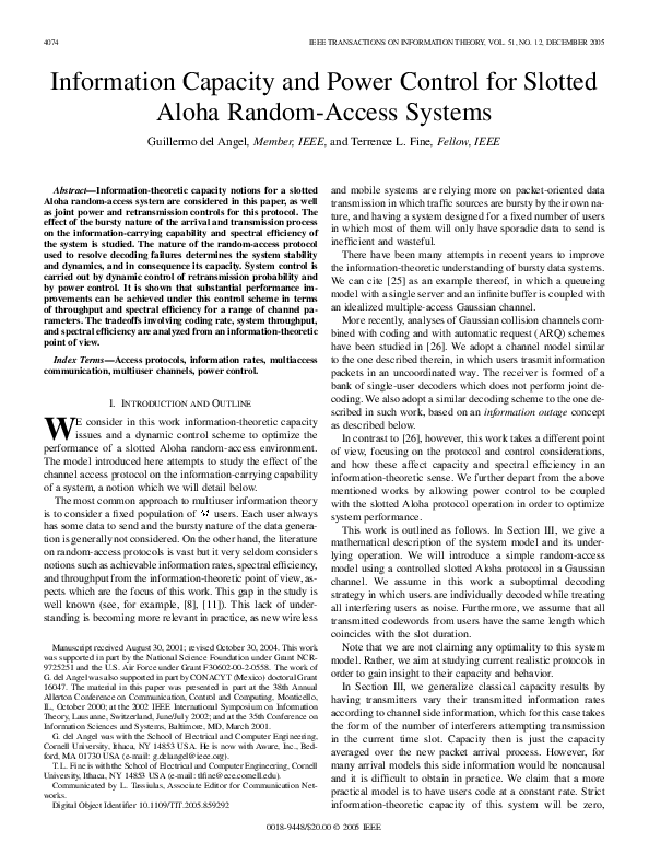 (PDF) Information Capacity and Power Control for Slotted Aloha Random ...