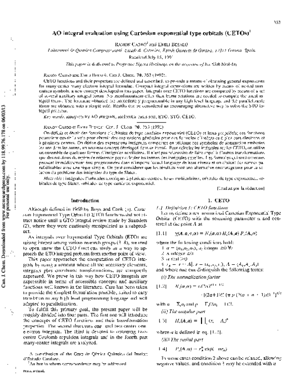 Pdf Ao Integral Evaluation Using Cartesian Exponential Type Orbitals Cetos