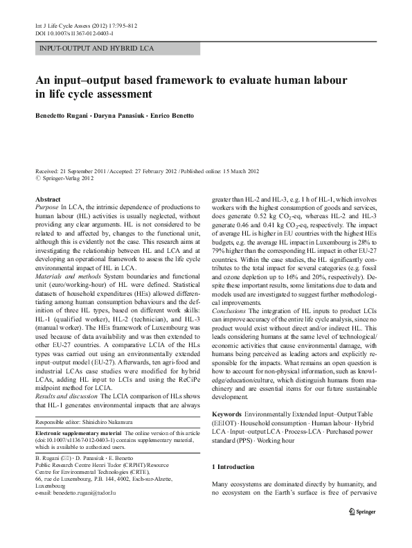 (PDF) An input–output based framework to evaluate human labour in life cycle assessment