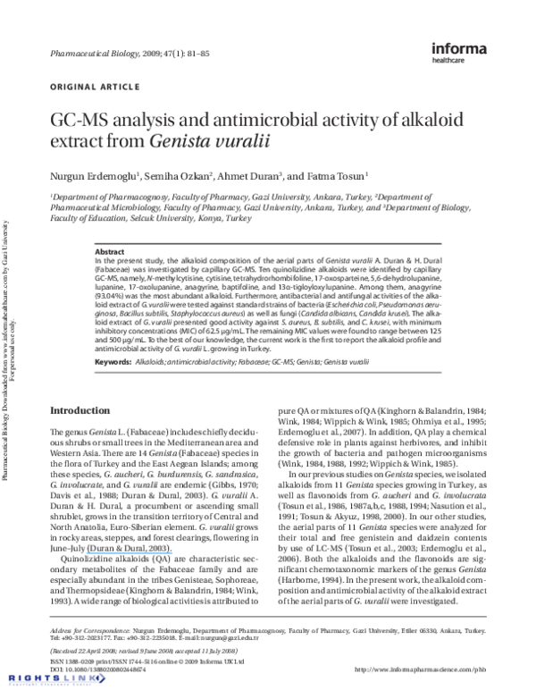 Pdf Gc Ms Analysis And Antimicrobial Activity Of Alkaloid Extract From Genista Vuralii
