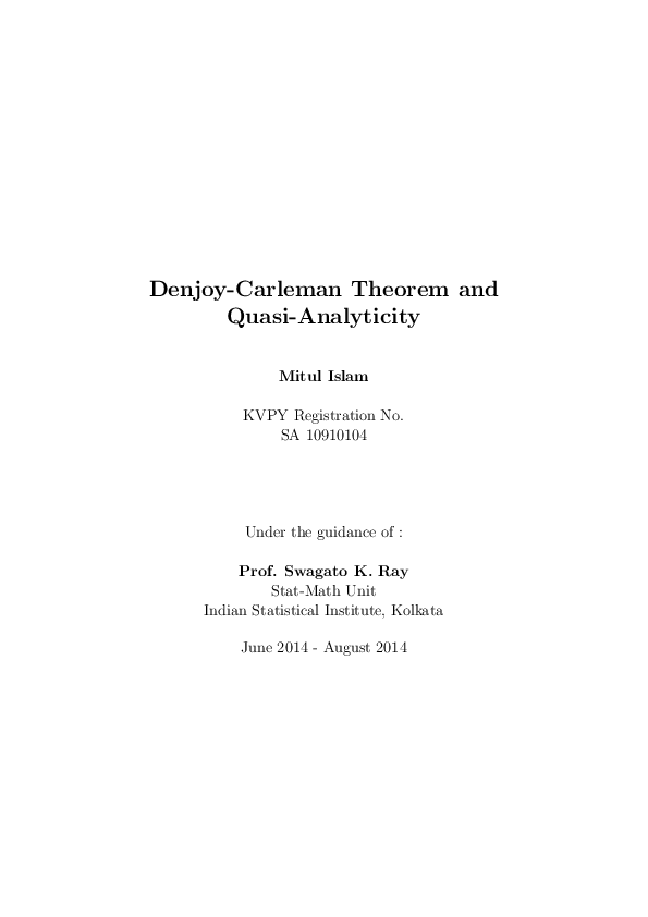 (PDF) Denjoy-Carleman Theorem and Quasi-Analytic Functions