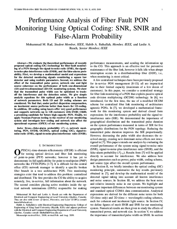 (PDF) Performance analysis of fiber fault PON monitoring using optical coding: SNR, SNIR, and ...