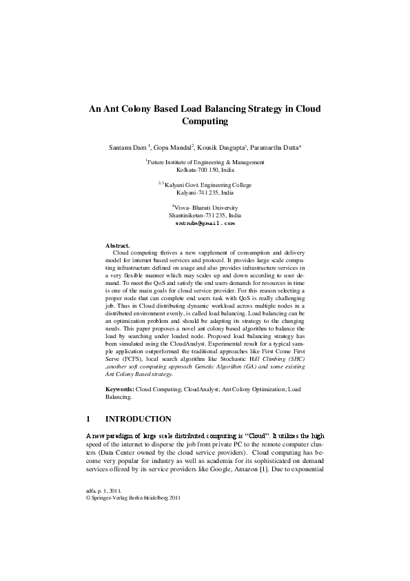 Pdf An Ant Colony Based Load Balancing Strategy In Cloud Computing