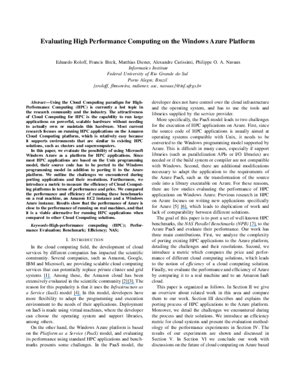 (PDF) Evaluating High Performance Computing on the Windows Azure Platform