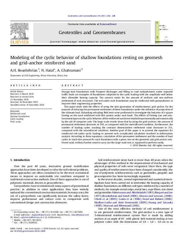 (PDF) Modeling of the cyclic behavior of shallow foundations resting on geomesh and grid-anchor ...