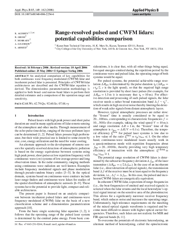 (PDF) Range-resolved pulsed and CWFM lidars: potential capabilities ...