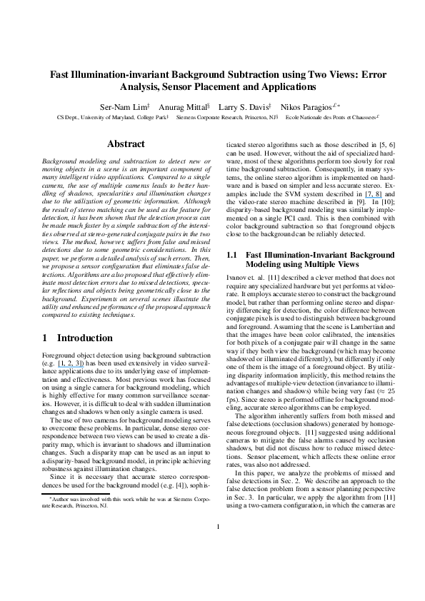 Pdf Fast Illumination Invariant Background Subtraction Using Two Views Error Analysis Sensor