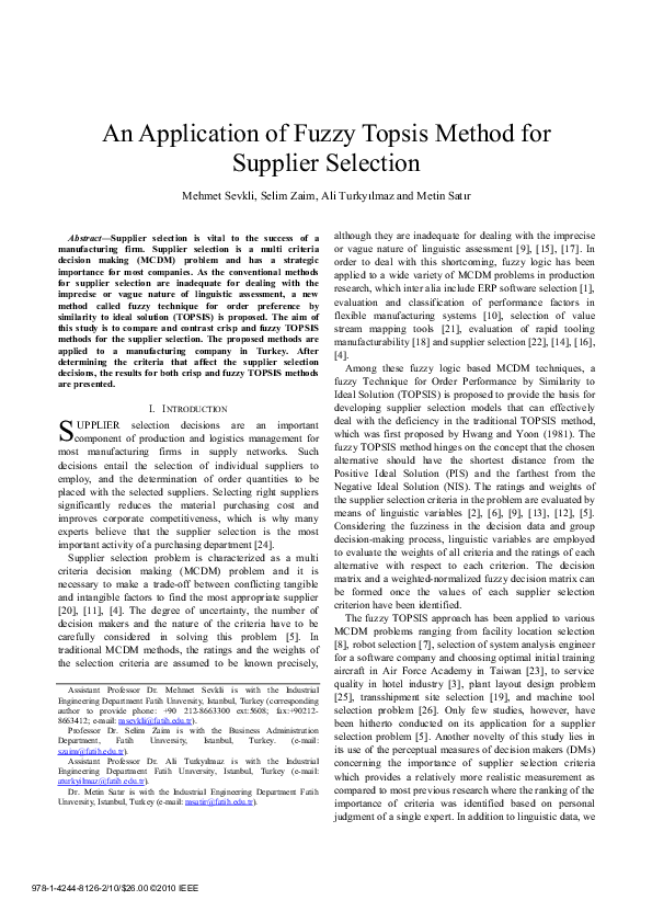Pdf An Application Of Fuzzy Topsis Method For Supplier Selection