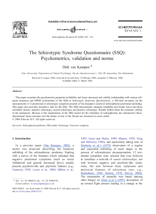 (PDF) The Schizotypic Syndrome Questionnaire (SSQ): Psychometrics ...