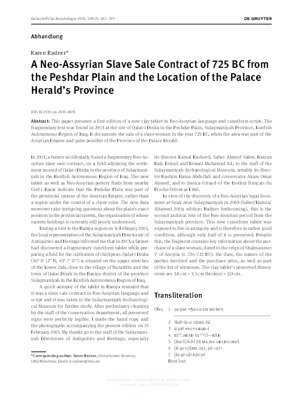 (PDF) 2015 A Neo-Assyrian slave sale contract of 725 BC from the ...