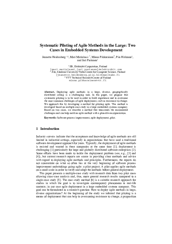(PDF) Systematic Piloting of Agile Methods in the Large: Two Cases in Embedded Systems Development