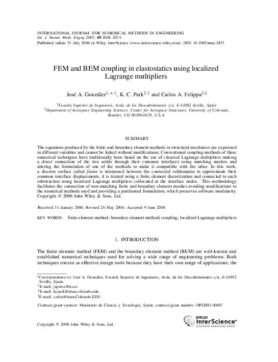 (PDF) FEM and BEM coupling in elastostatics using localized Lagrange multipliers