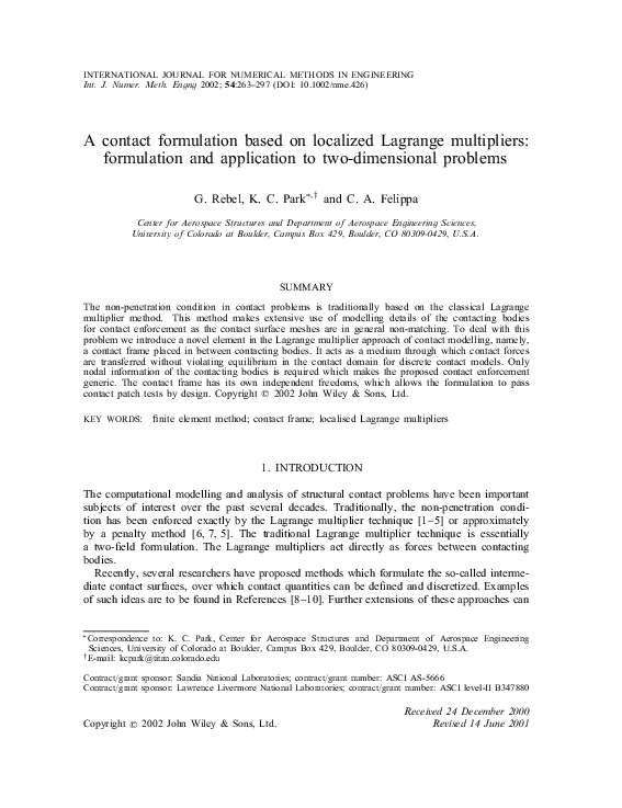 Pdf A Contact Formulation Based On Localized Lagrange Multipliers