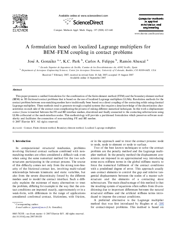 (PDF) A formulation based on localized Lagrange multipliers for BEM–FEM coupling in contact problems