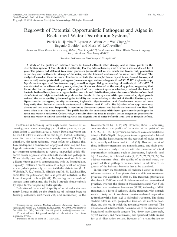 (PDF) Regrowth of Potential Opportunistic Pathogens and Algae in ...