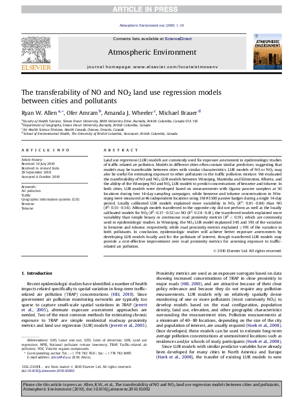 Pdf The Transferability Of No And No2 Land Use Regression Models Between Cities And Pollutants