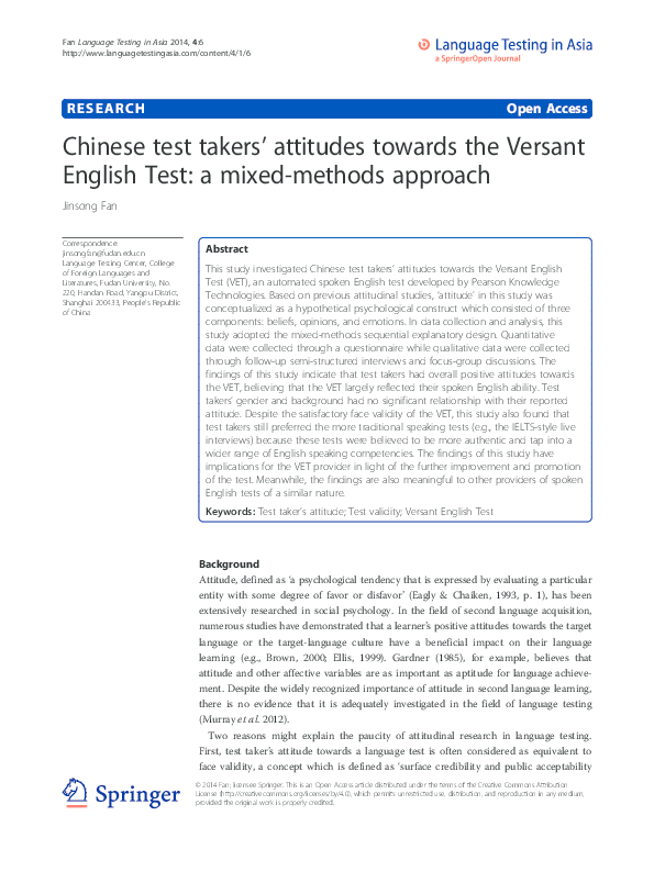 (PDF) Chinese test takers’ attitudes towards the Versant English Test ...