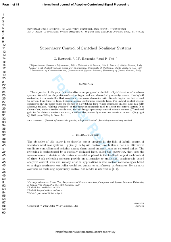 (PDF) Supervisory control of switched nonlinear systems