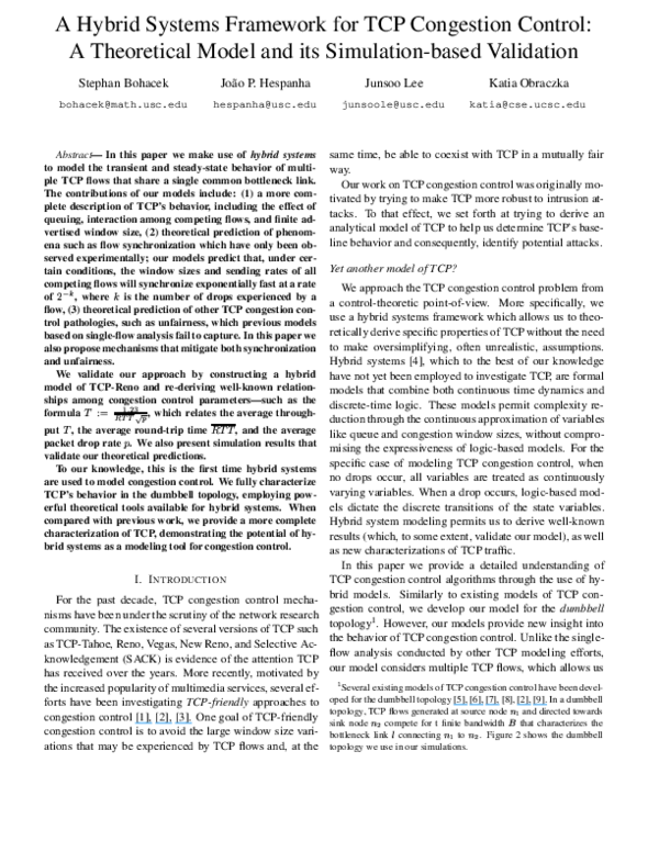 Pdf A Hybrid Systems Framework For Tcp Congestion Control A