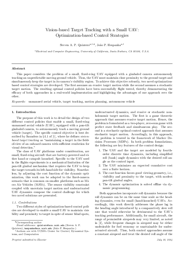 (PDF) Vision-based target tracking with a small UAV: Optimization-based control strategies
