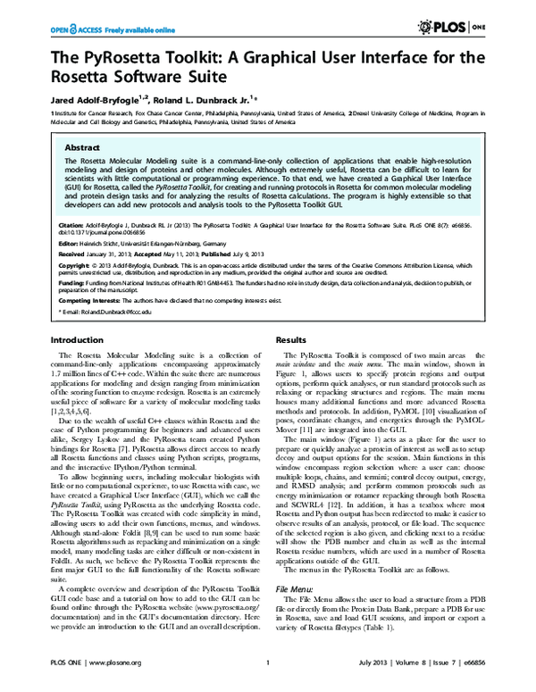 (PDF) The PyRosetta Toolkit: A Graphical User Interface for the Rosetta Software Suite