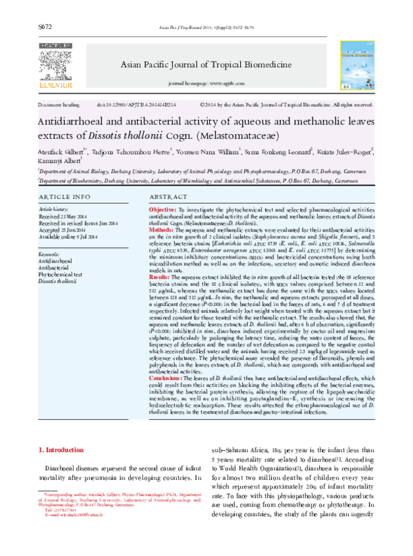 (PDF) Antidiarrhoeal and antibacterial activity of aqueous and methanolic leaves extracts of ...
