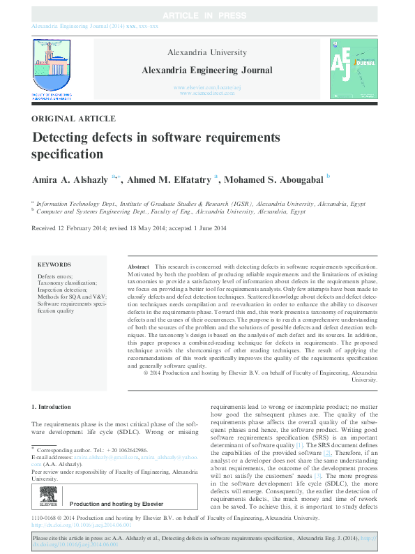 Pdf Detecting Defects In Software Requirements Specification